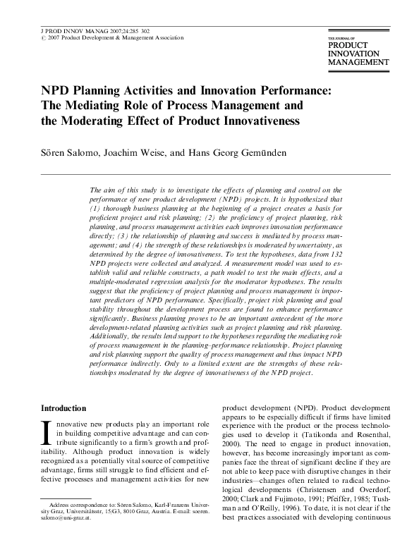 (PDF) NPD Planning Activities and Innovation Performance: The Mediating ...