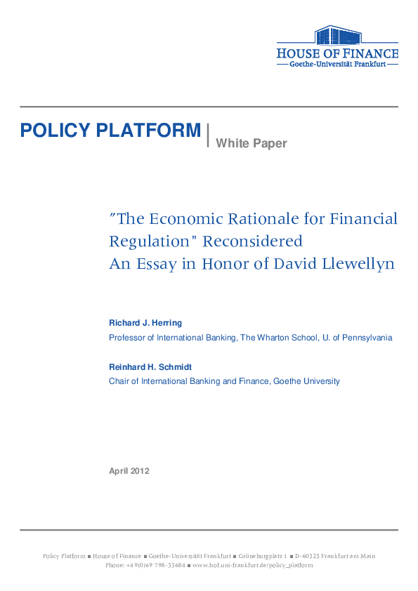 (PDF) The Economic Rationale for Financial Regulation Reconsidered: An ...
