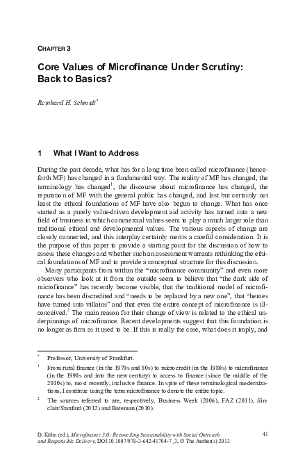 (PDF) Core Values of Microfinance Under Scrutiny: Back to Basics?
