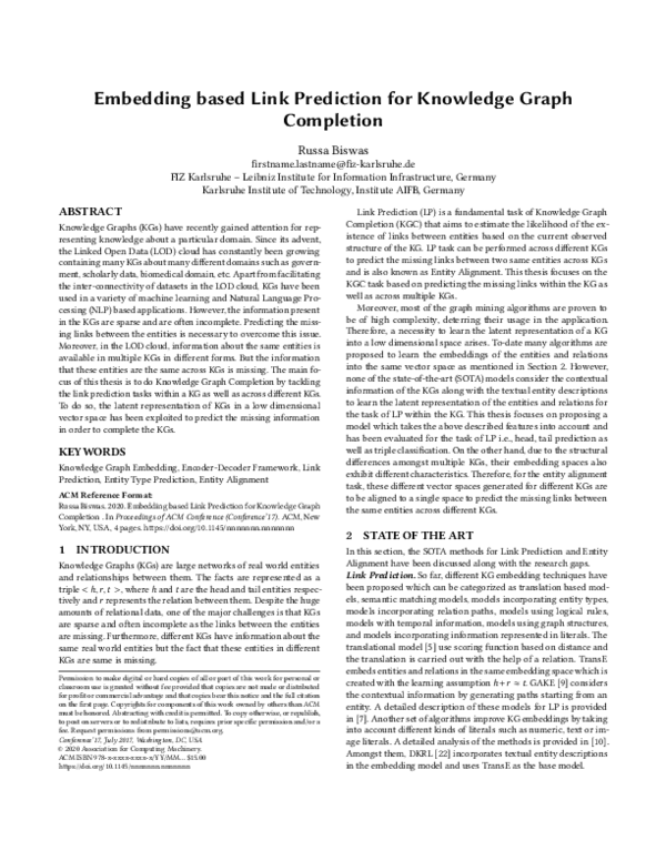 (PDF) Embedding based Link Prediction for Knowledge Graph Completion