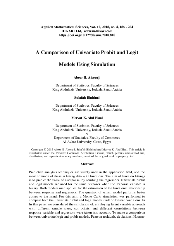 Pdf A Comparison Of Univariate Probit And Logit Models Using Simulation