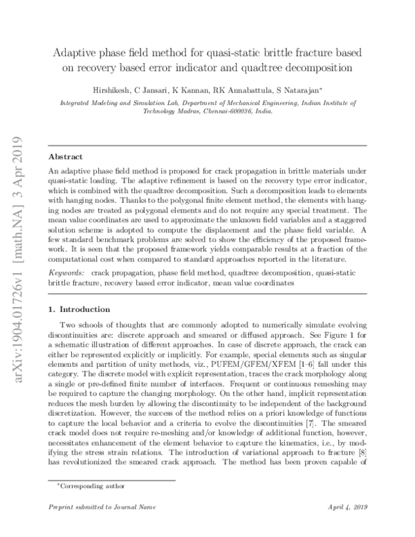 (PDF) Adaptive phase field method for quasi-static brittle fracture ... (PDF) Adaptive phase field method for quasi-static brittle fracture ...