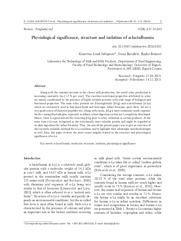 (PDF) Physiological significance, structure and isolation of α-lactalbumin