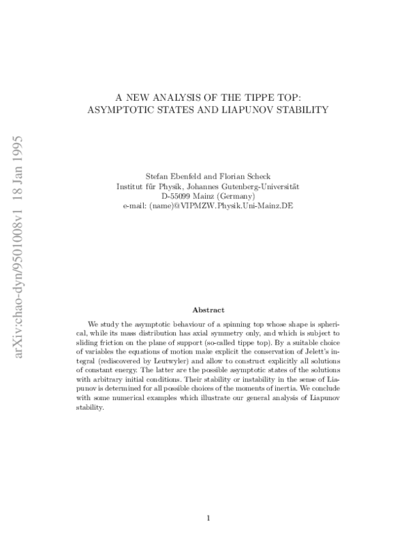 (PDF) A New Analysis of the Tippe Top: Asymptotic States and Liapunov ...