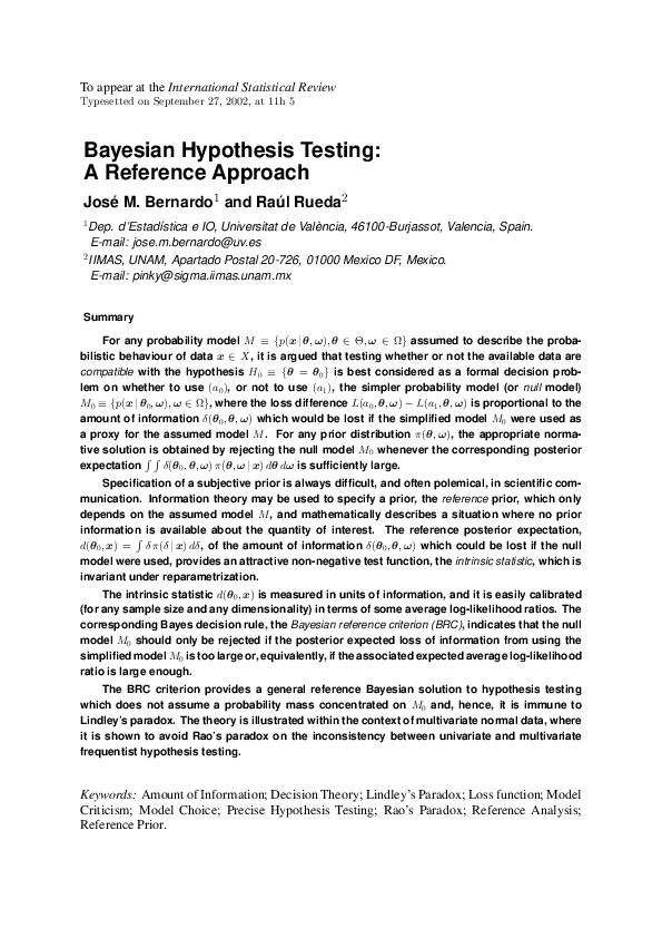 Pdf Bayesian Hypothesis Testing A Reference Approach