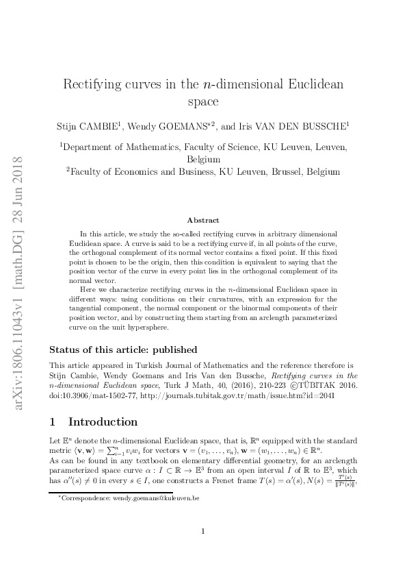 (PDF) Rectifying curves in the $n$-dimensional Euclidean space