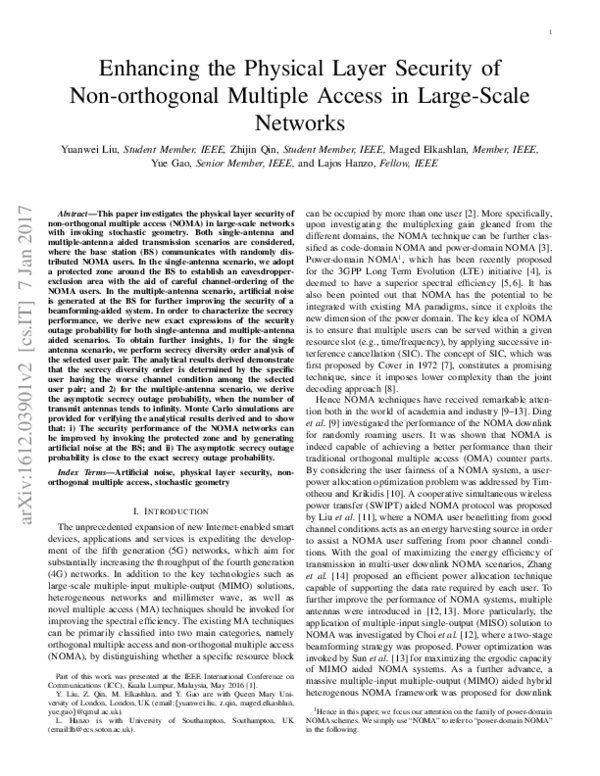 Pdf Enhancing The Physical Layer Security Of Non Orthogonal Multiple Access In Large Scale