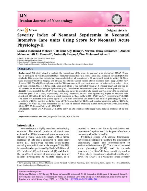 (PDF) Severity Index of Neonatal Septicemia in Neonatal Intensive Care ...