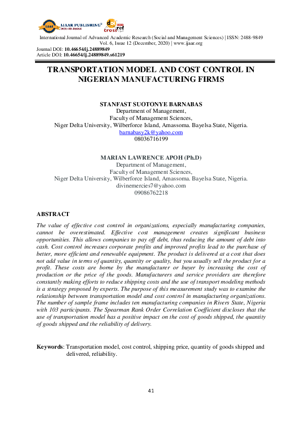 (PDF) Transportation Model and Cost Control in Nigerian Manufacturing Firms