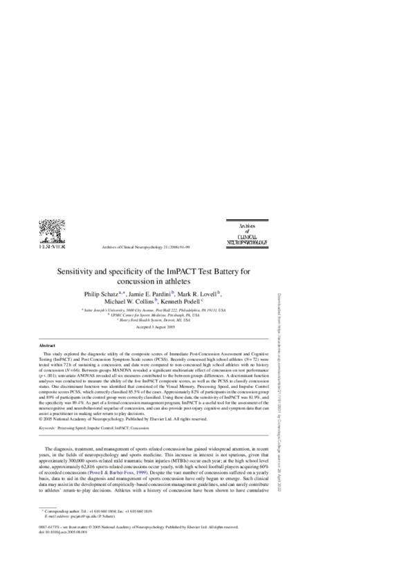 (PDF) Sensitivity and specificity of the ImPACT Test Battery for ...