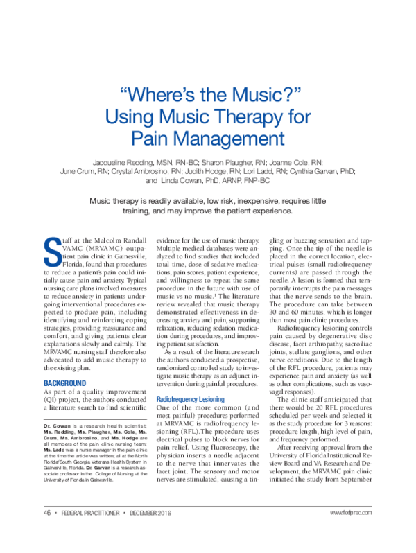 (PDF) Where's the Music?" Using Music Therapy for Pain Management