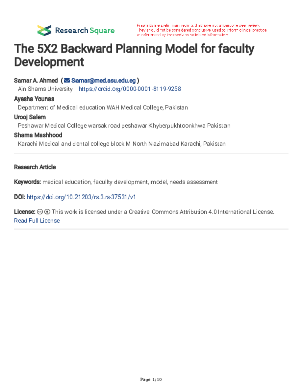 (PDF) The 5X2 Backward Planning Model for faculty Development