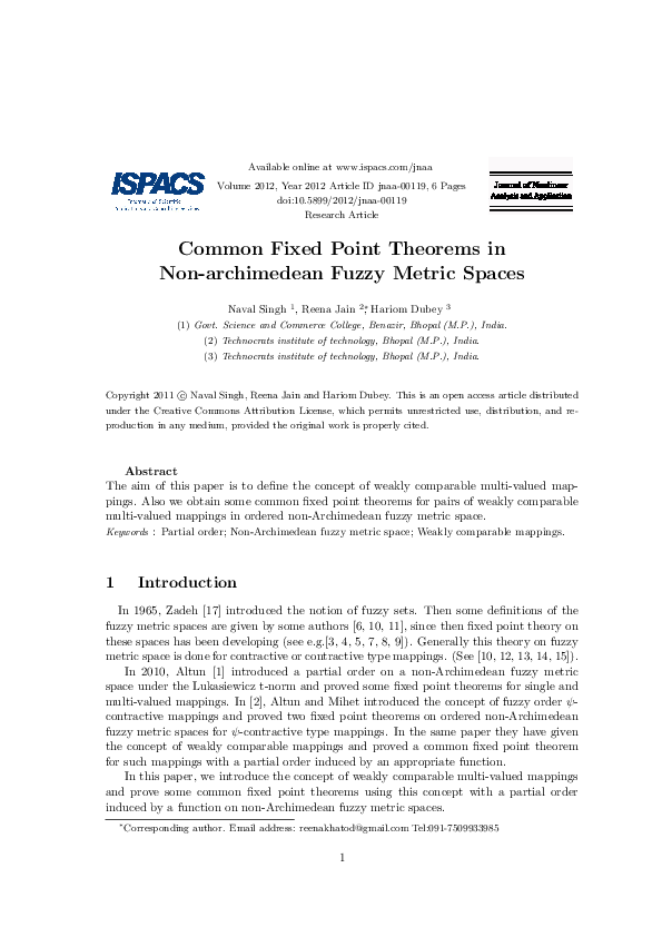 (PDF) Common Fixed Point Theorems in Non-archimedean Fuzzy Metric Spaces