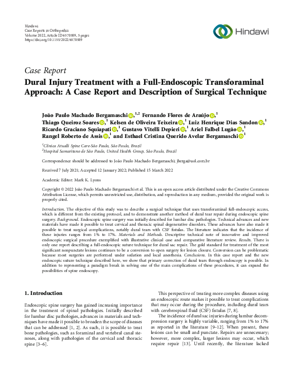 (PDF) Dural Injury Treatment with a Full-Endoscopic Transforaminal ...