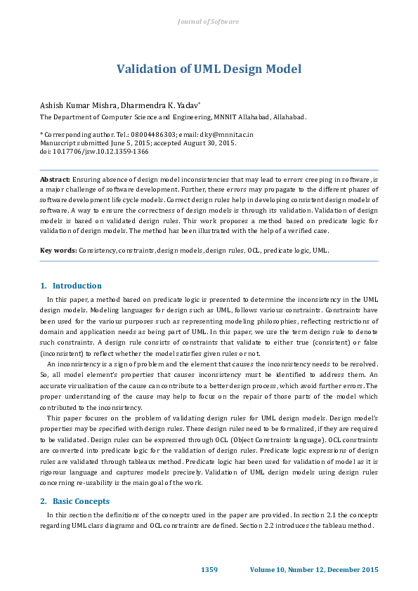 Pdf Validation Of Uml Design Model