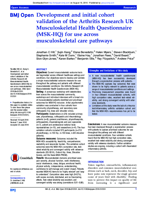 (PDF) Development and initial cohort validation of the Arthritis Research UK Musculoskeletal ...