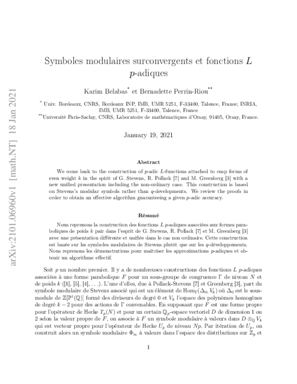 (PDF) Overconvergent modular symboles and p-adic L-functions