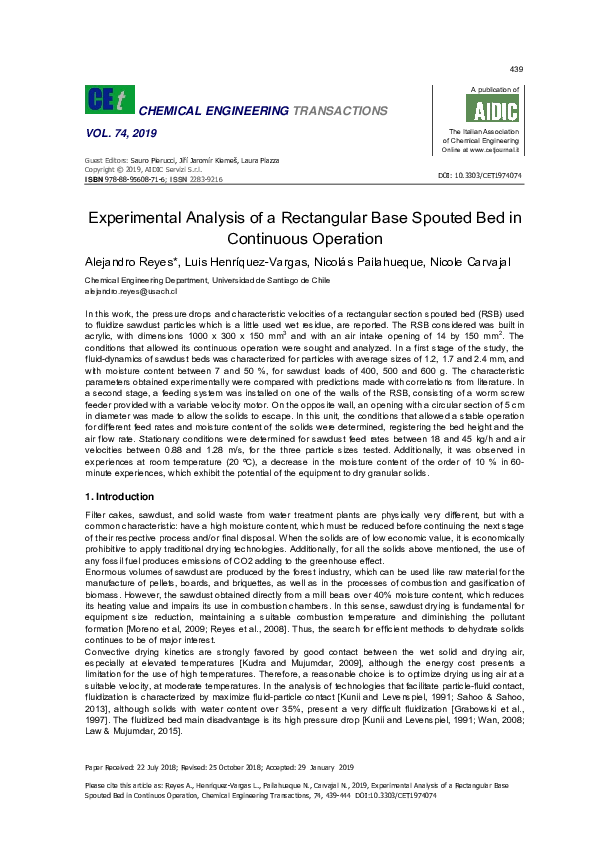 (PDF) Experimental Analysis of a Rectangular Base Spouted Bed in ...