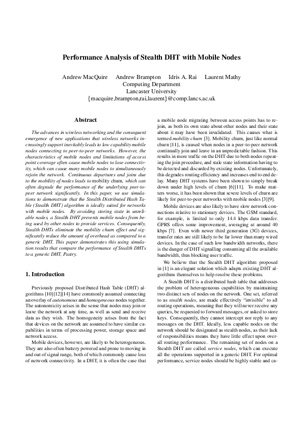 (PDF) Performance Analysis of Stealth DHT with Mobile Nodes | Idris Rai - Academia.edu
