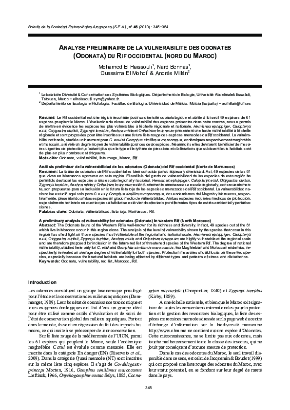 (PDF) Analyse preliminaire de la vulnerabilité des odonates (odonata ...