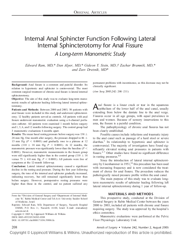 (PDF) Internal Anal Sphincter Function Following Lateral Internal ...
