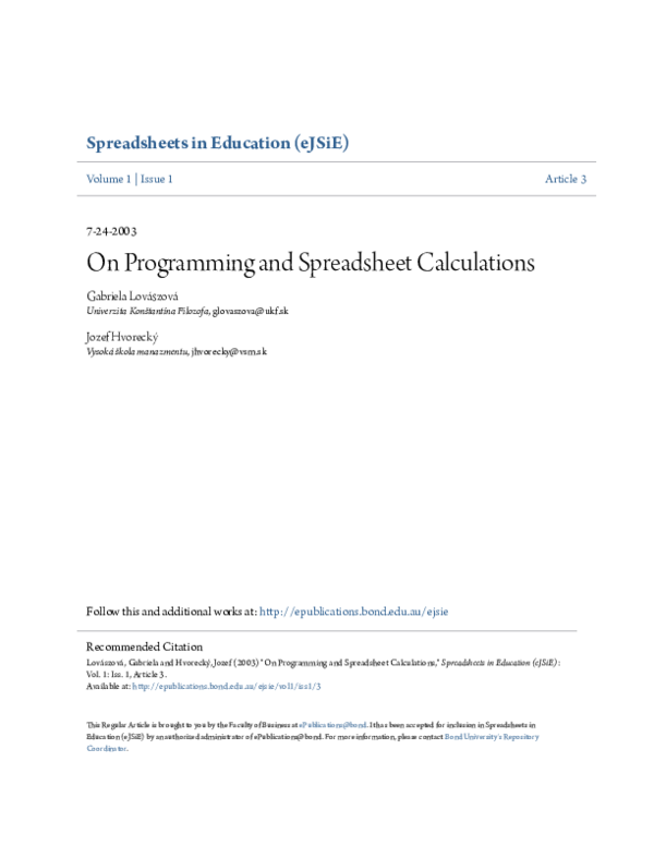 Pdf On Programming And Spreadsheet Calculations