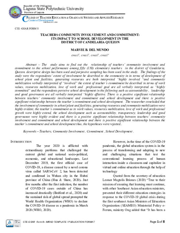 (DOC) TEACHERS COMMUNITY INVOLVEMENT AND COMMITMENT: ITS IMPACT TO ...