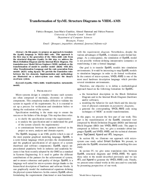 (PDF) Transformation of SysML Structure Diagrams to VHDL-AMS
