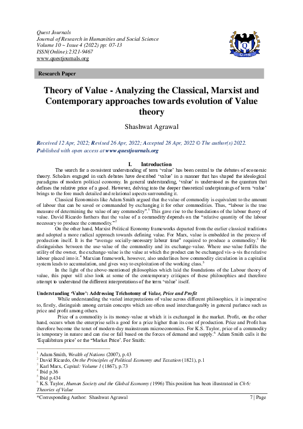 (PDF) Theory of Value -Analyzing the Classical, Marxist and ...