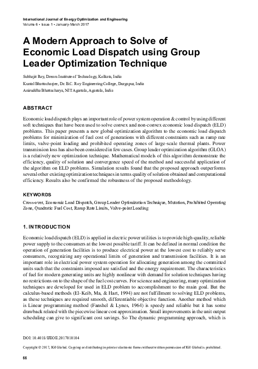 (PDF) A Modern Approach to Solve of Economic Load Dispatch using Group Leader Optimization Technique
