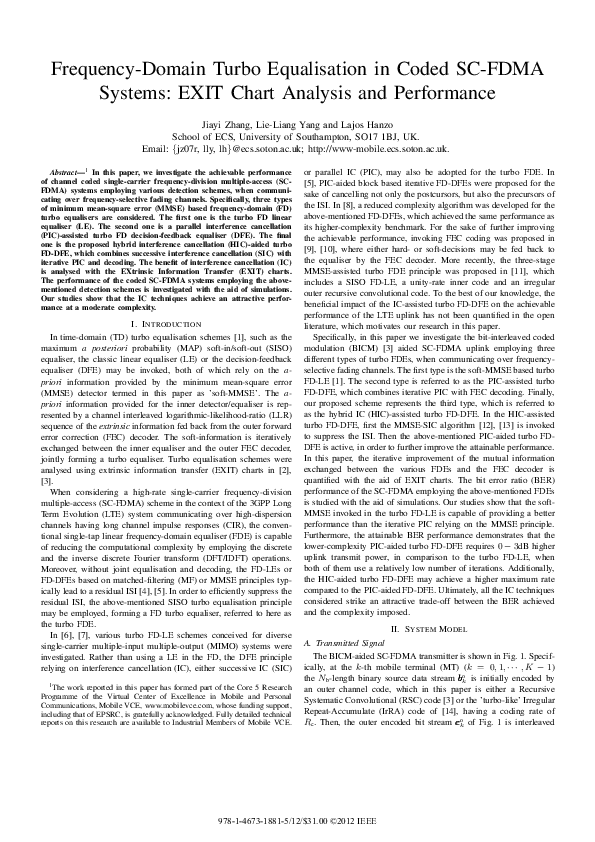 Pdf Frequency Domain Turbo Equalisation In Coded Sc Fdma Systems Exit Chart Analysis And