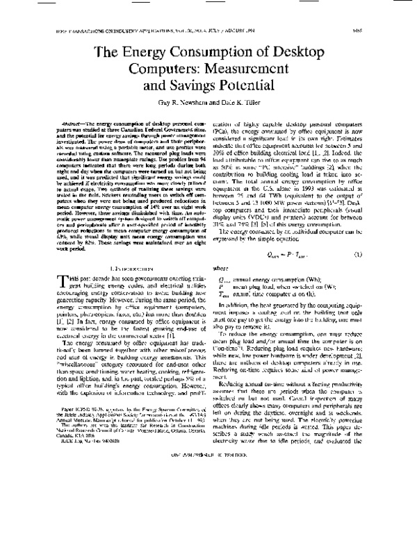 (PDF) The energy consumption of desktop computers: measurement and ...