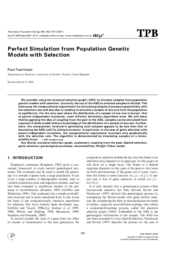 (PDF) Perfect Simulation from Population Genetic Models with Selection
