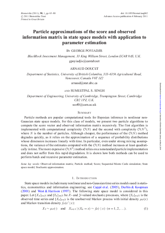 (PDF) Particle approximations of the score and observed information ...