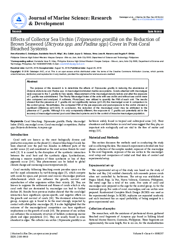 (PDF) Effects of Collector Sea Urchin (Tripneustes gratilla) on the ...