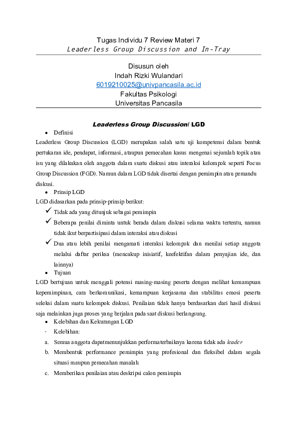 (DOC) Tugas Individu 7 Review Materi 7 Leaderless Group Discussion and ...