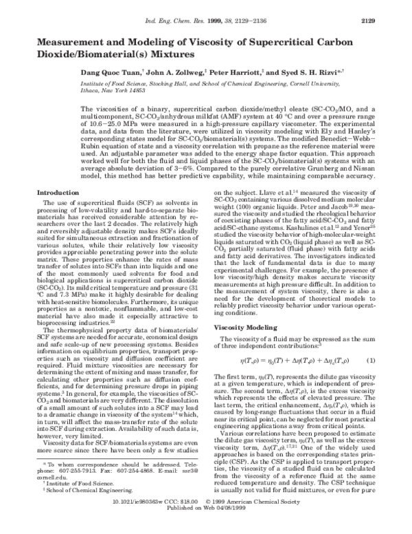 (PDF) Measurement and Modeling of Viscosity of Supercritical Carbon Dioxide/Biomaterial(s) Mixtures