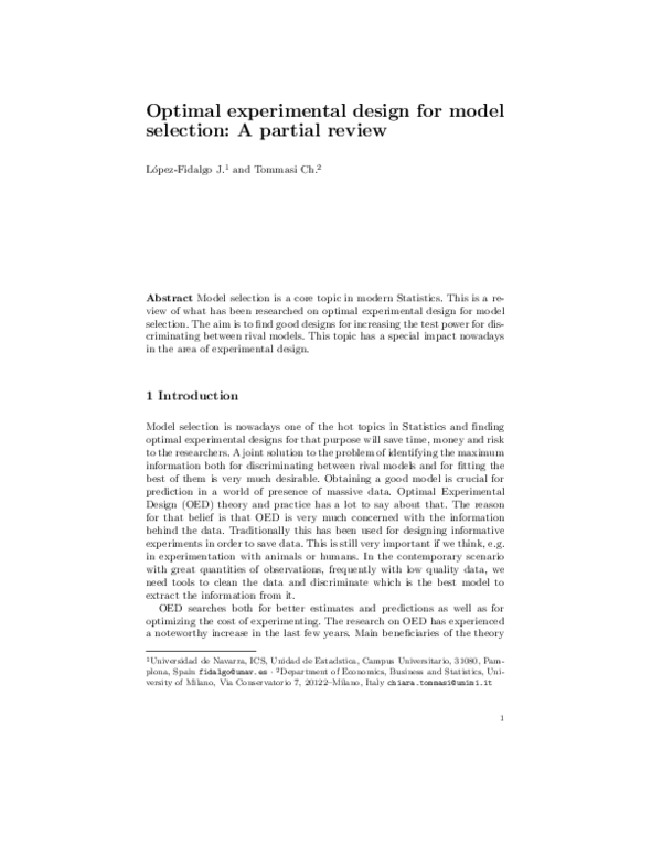 Pdf Optimal Experimental Design For Model Selection A Partial Review