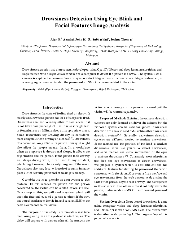 (PDF) Drowsiness Detection Using Eye Blink and Facial Features Image Analysis