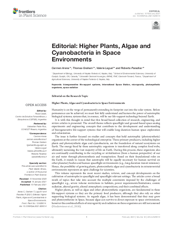 (PDF) Editorial: Higher Plants, Algae and Cyanobacteria in Space ...