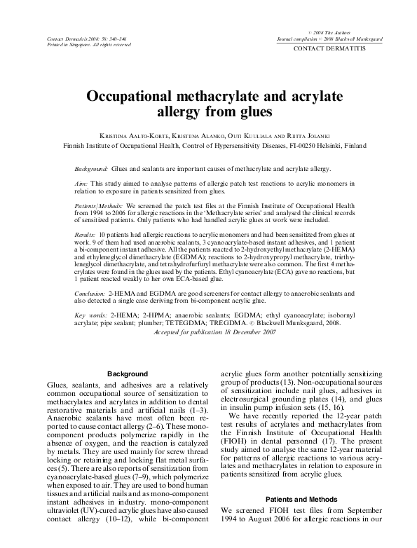 (PDF) Occupational methacrylate and acrylate allergy from glues