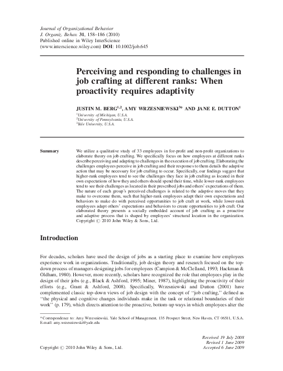 (PDF) Perceiving and responding to challenges in job crafting at different ranks: When ...