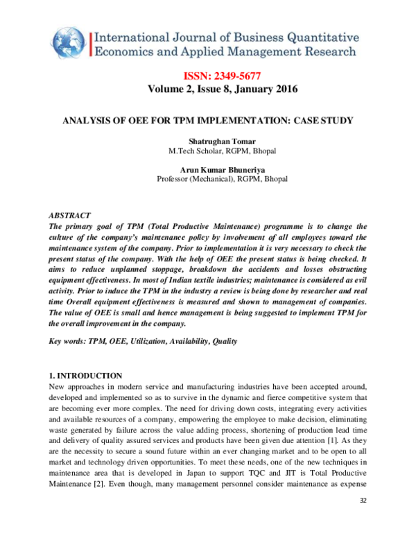 (PDF) Analysis of Oee for TPM Implementation: Case Study | shatrughan tomar - Academia.edu