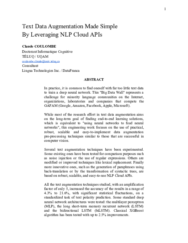 (PDF) Text Data Augmentation Made Simple By Leveraging NLP Cloud APIs