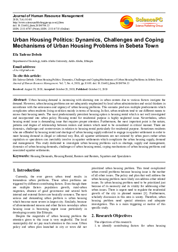 (PDF) Urban Housing Politics: Dynamics, Challenges and Coping ...