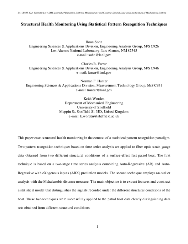 Pdf Structural Health Monitoring Using Statistical Pattern