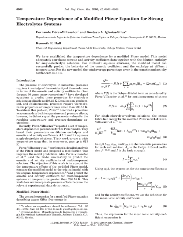 Temperature Dependence of a Modified Pitzer Equation for Strong ...