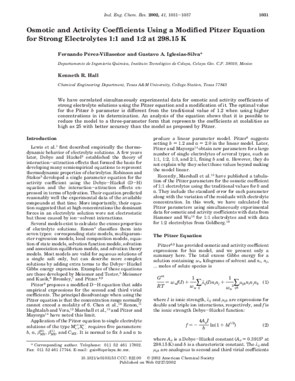 (PDF) Osmotic and Activity Coefficients Using a Modified Pitzer ...
