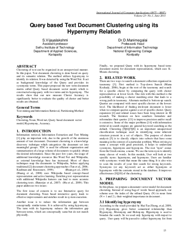 (PDF) Query based Text Document Clustering using its Hypernymy relation