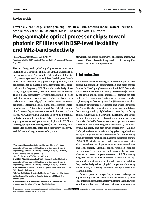 (PDF) Programmable optical processor chips: toward photonic RF filters with DSP-level ...